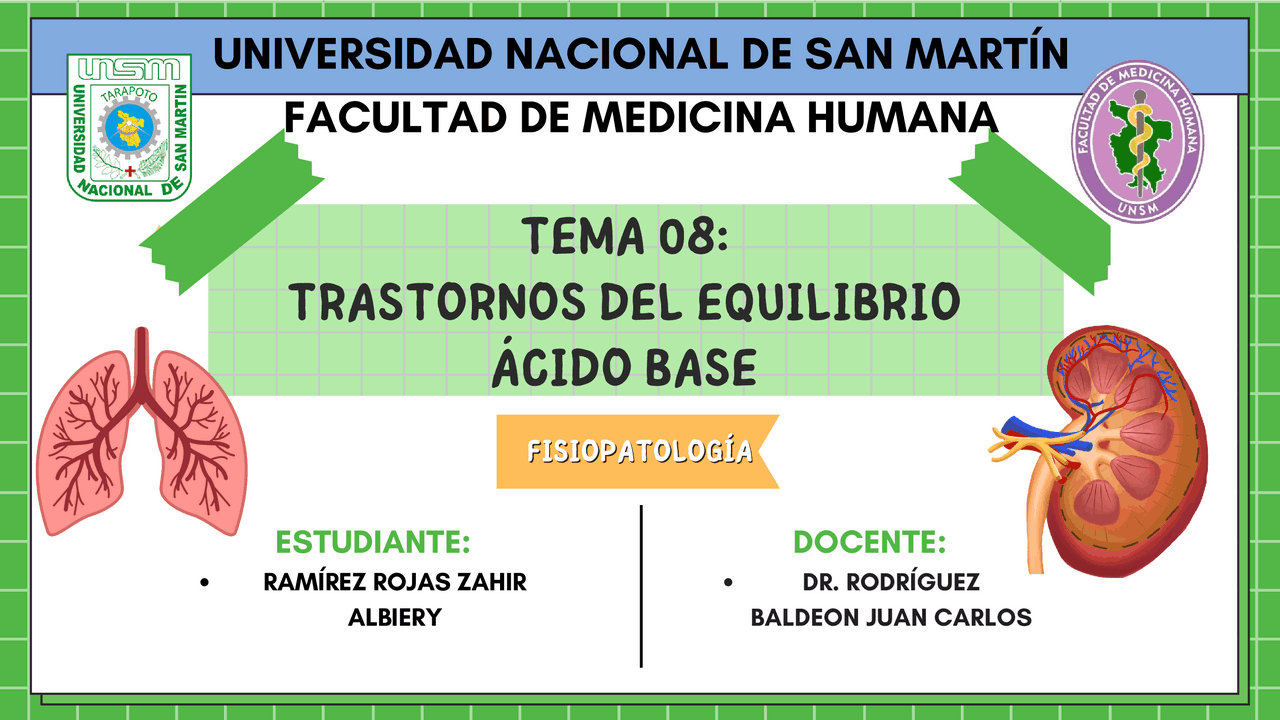 Transtornos equilibrio acido -base | Esquemas y mapas conceptuales de Fisiopatología | Docsity