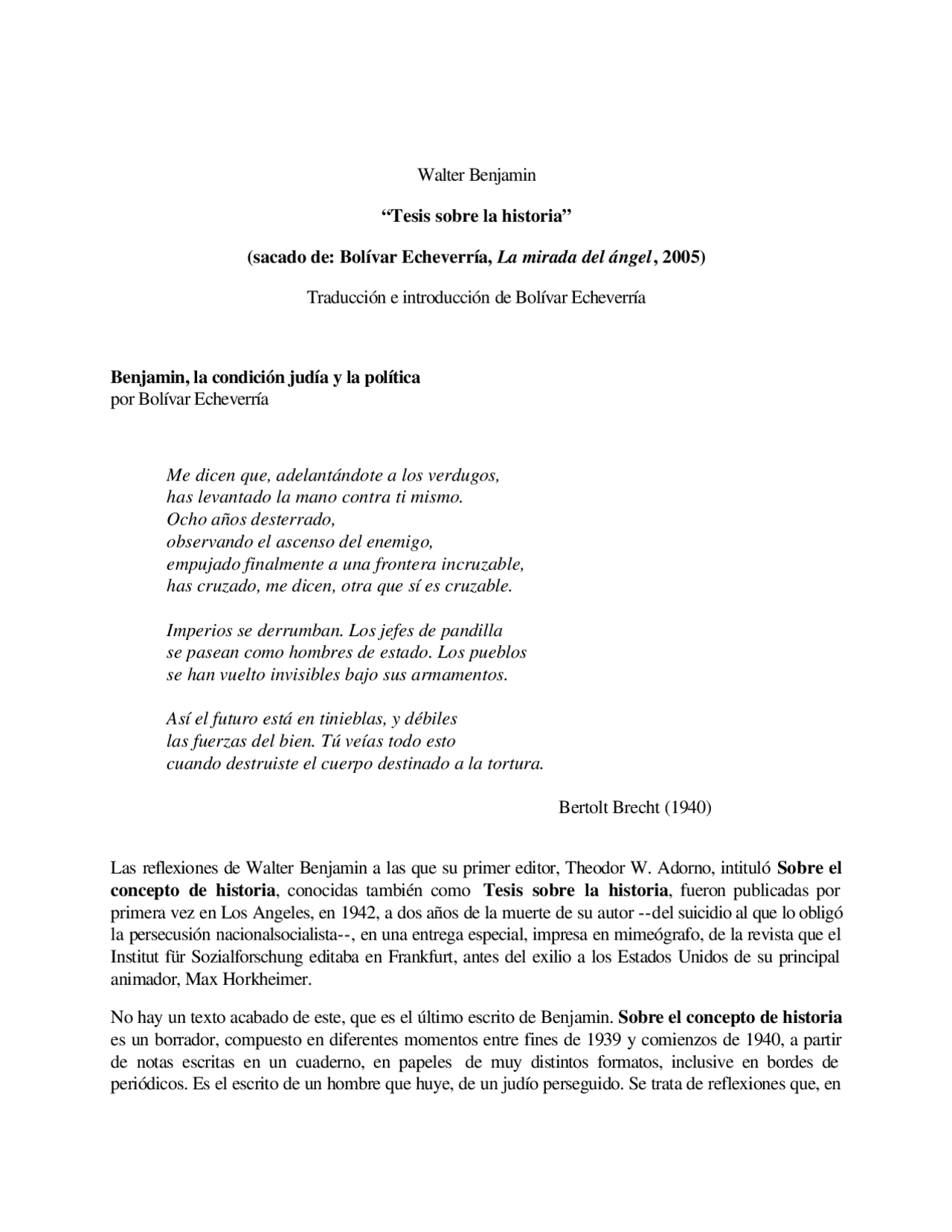 Tesis De Walter Benjamin Resúmenes De Historia Docsity