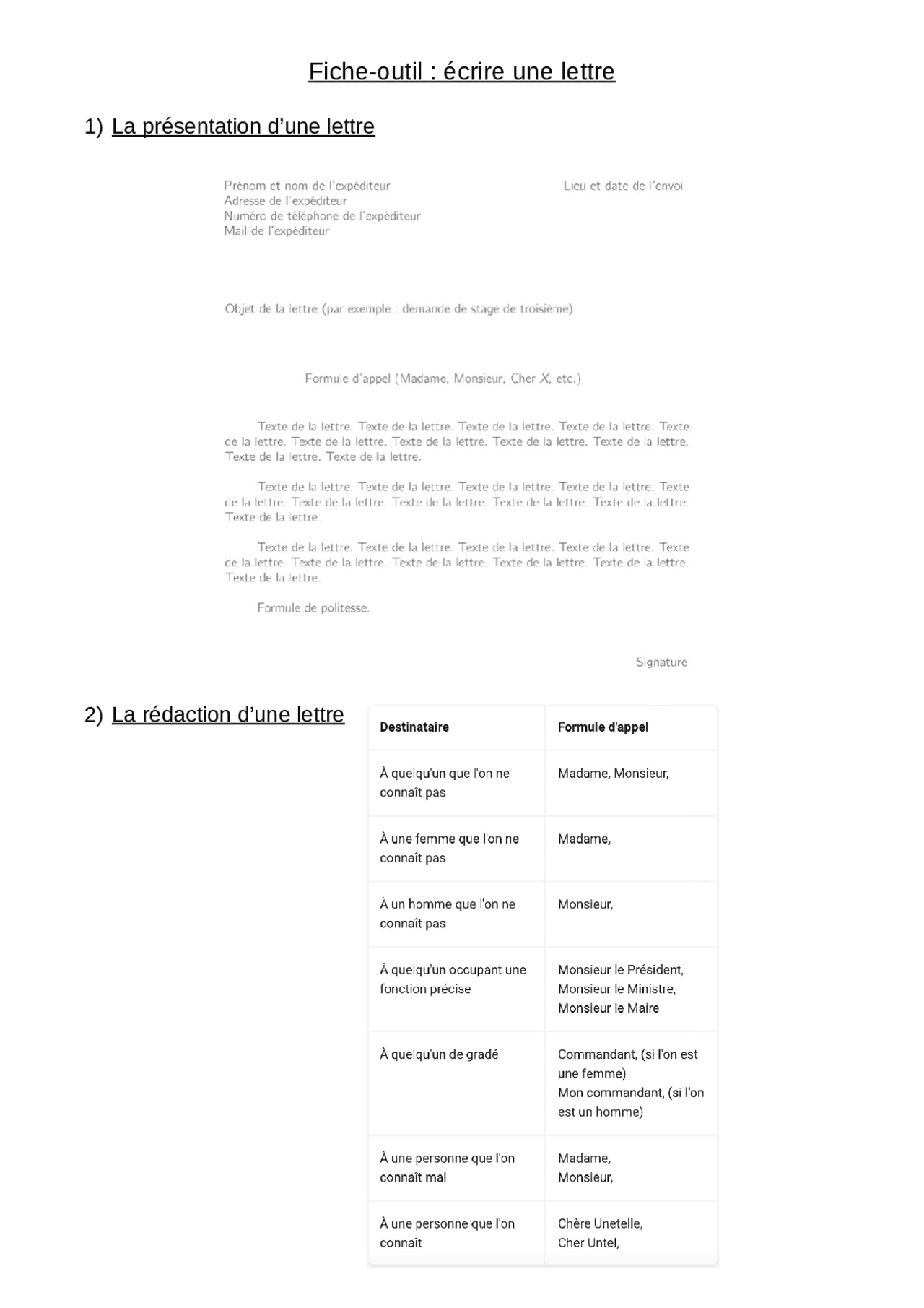 Fiche outil écrire une lettre | Notes Français | Docsity