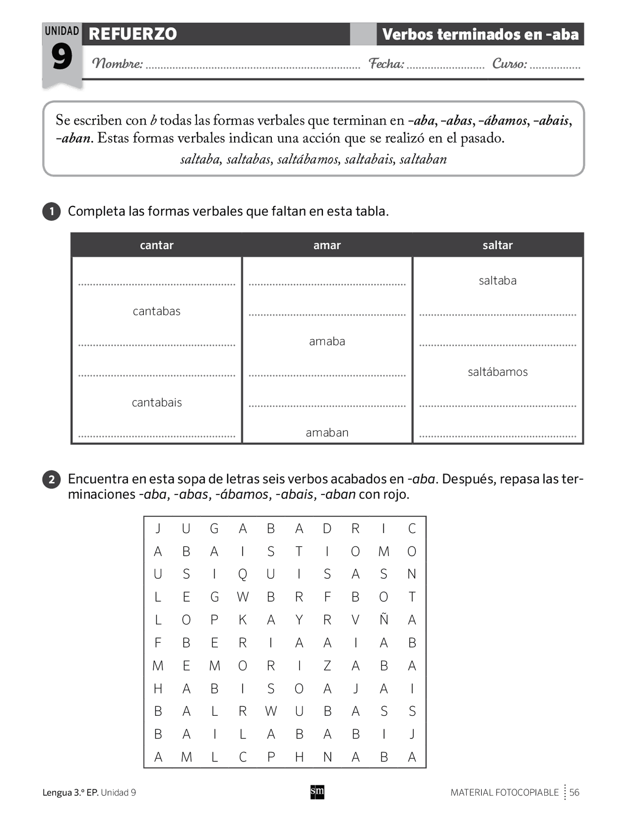 Verbos terminados en aba | Ejercicios de Lengua y Literatura | Docsity