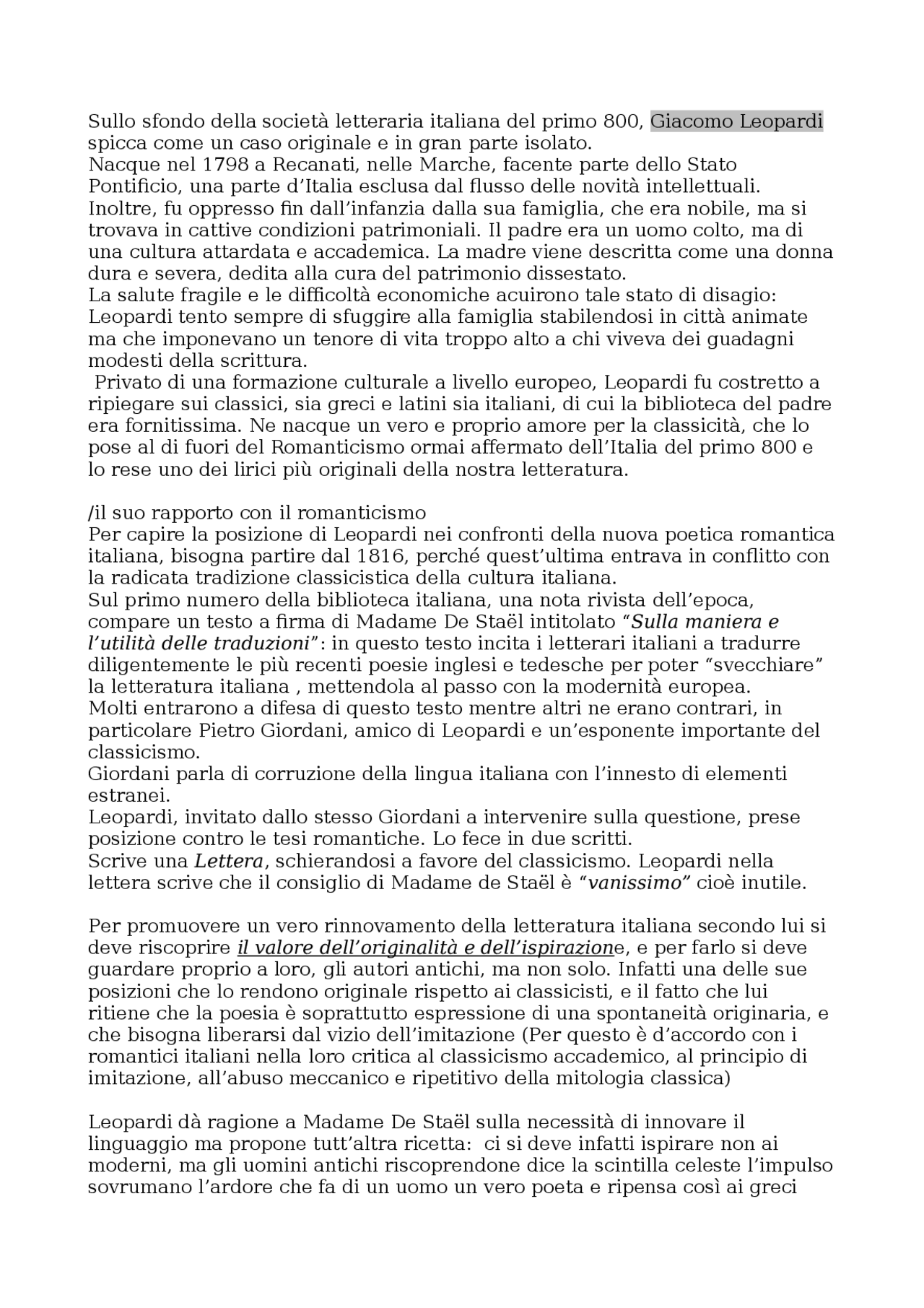 Leopardi E Gli Idilli Appunti Di Italiano Docsity