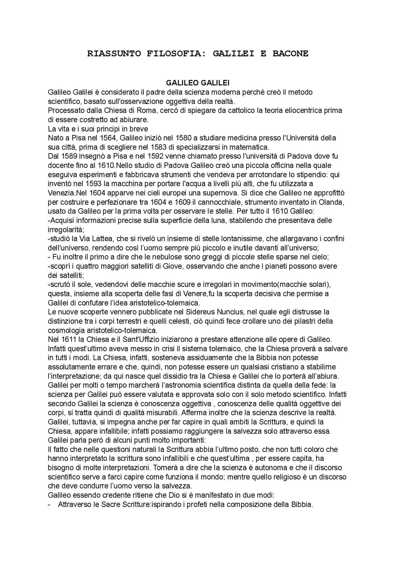 Galileo Galilei E Bacone Schemi E Mappe Concettuali Di Italiano Docsity