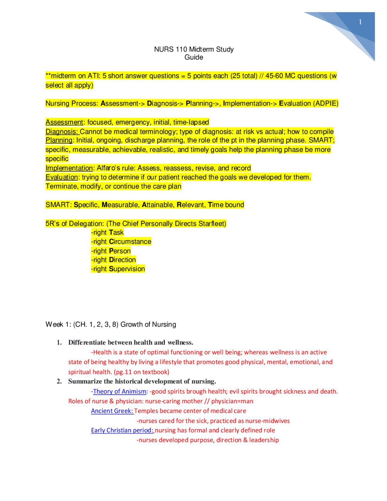 NURS 110 Midterm Study Guide Updated 2022-2023 | Exams Nursing | Docsity