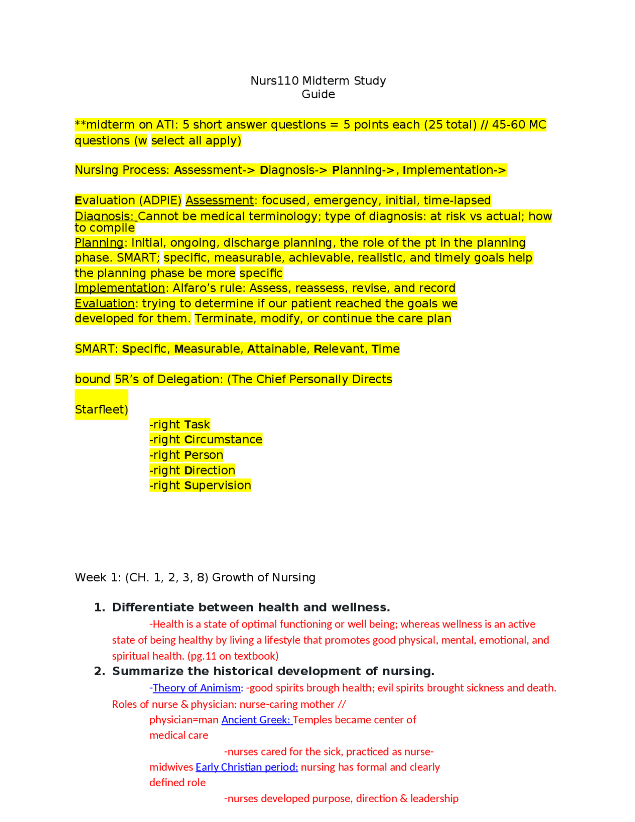 NURS 110 Midterm Study Guide Updated 2022-2023 | Exams Nursing | Docsity