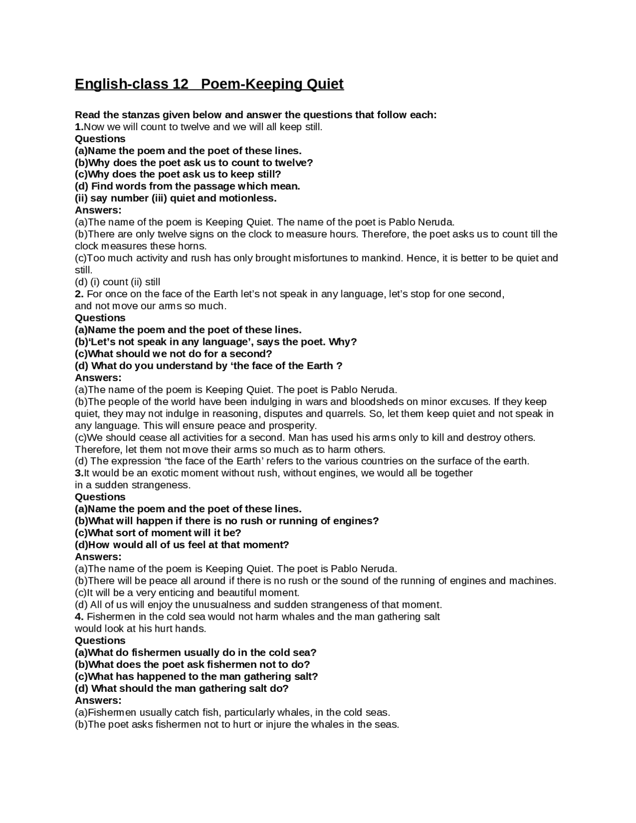 Keeping quiet extract based question answers | Exercises English | Docsity