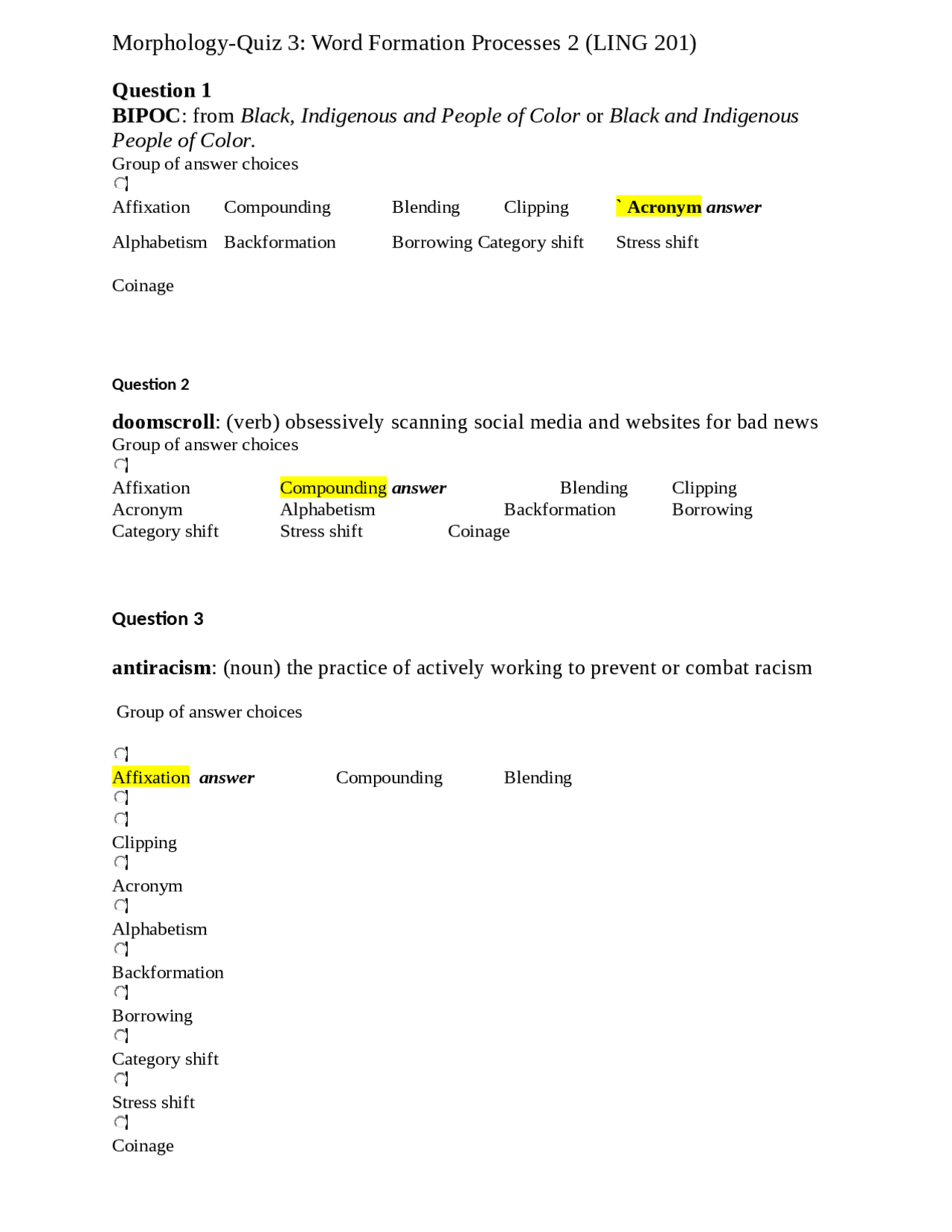 Morphology-Quiz 3 Word Formation Processes 2 answerkey LING 201 | Exams ...