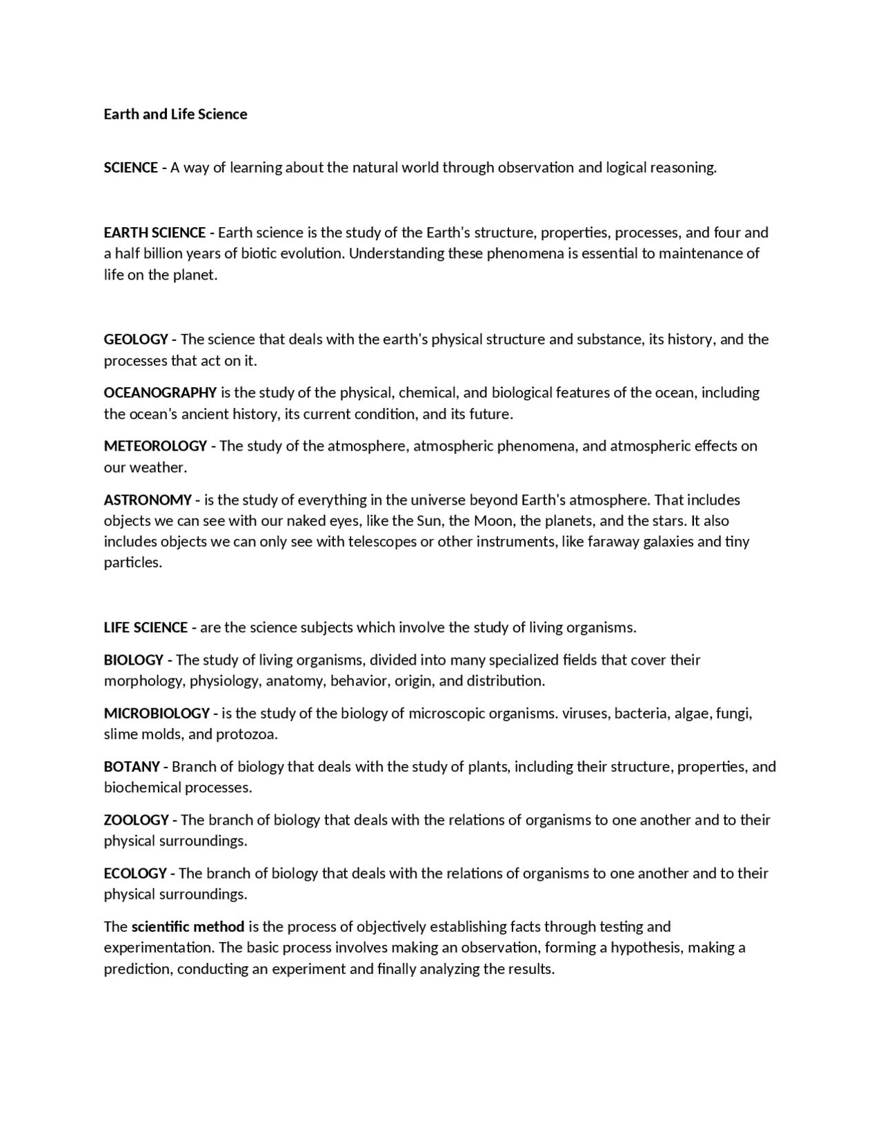 Earth science, life science | Study notes Earth science | Docsity