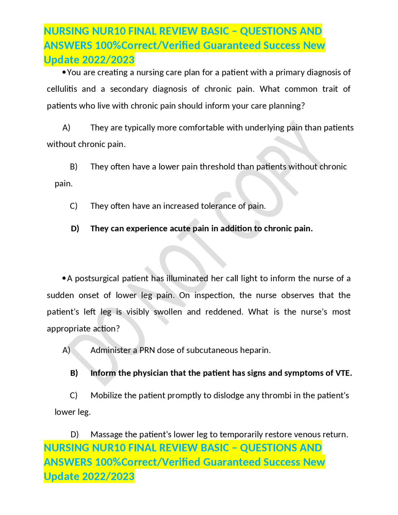Nursing Nur10 Final Review Basic Questions And Answers 100correct