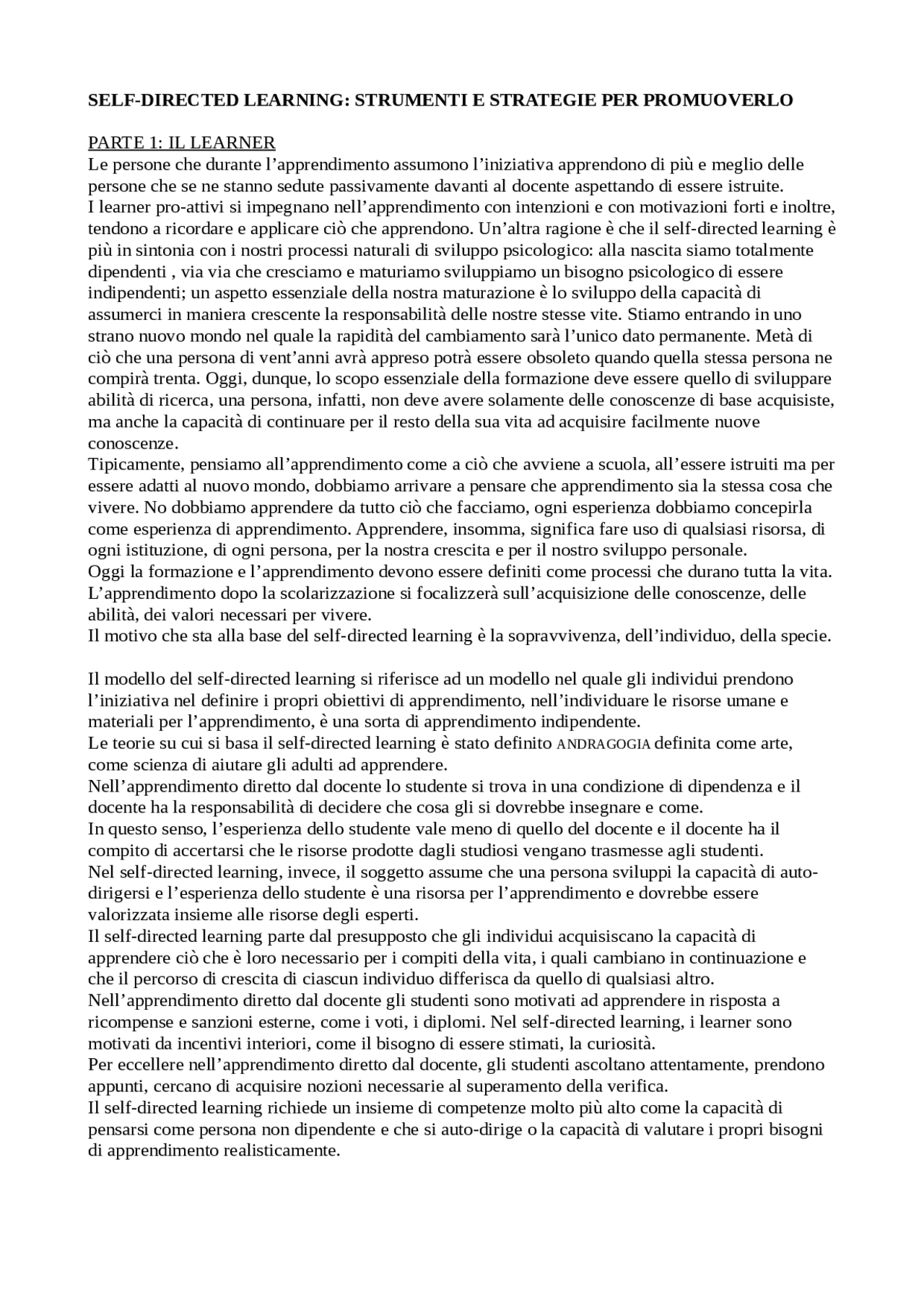 Riassunto Libro Self Directed Learning Knowles Dispense Di