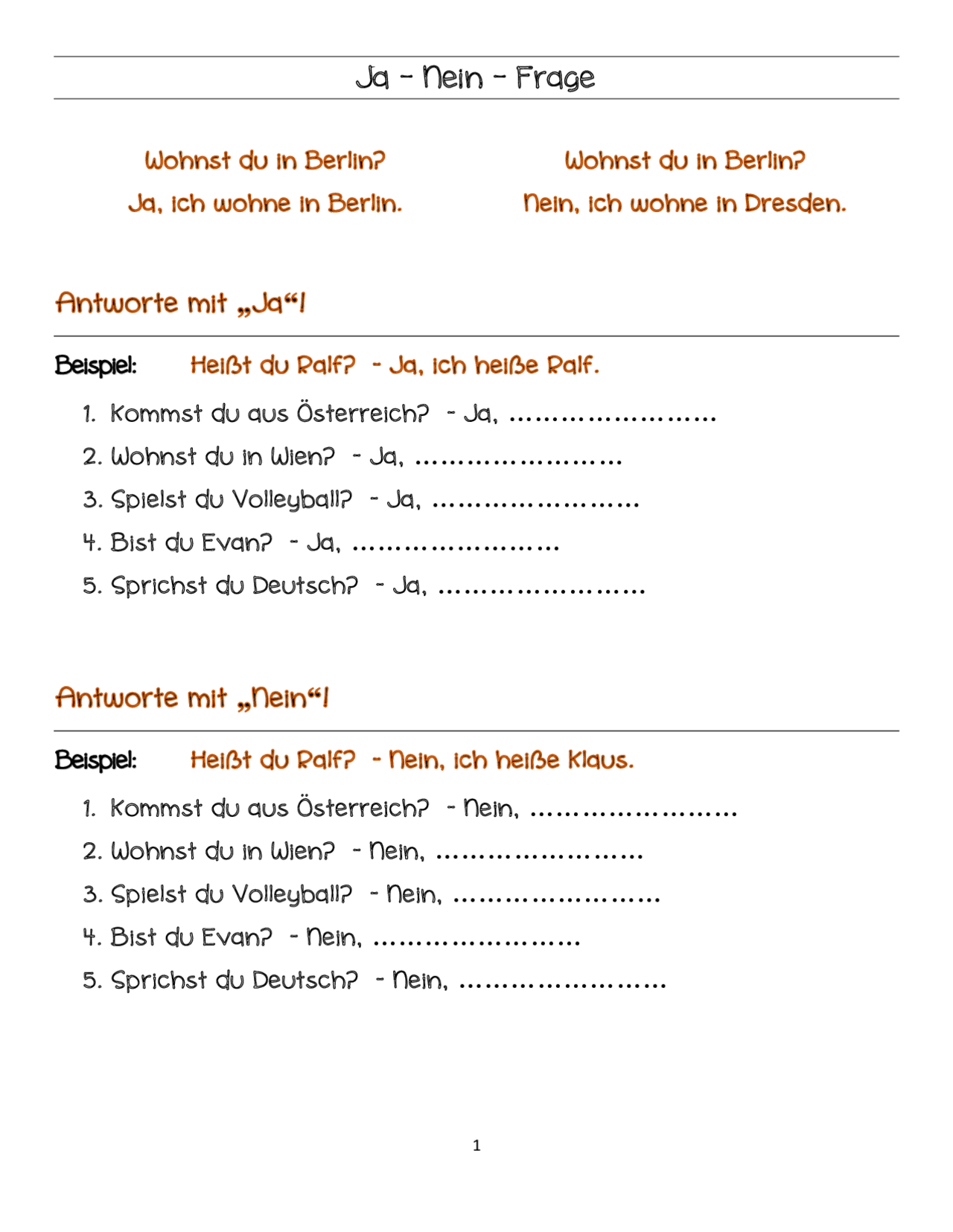 (German Level A1) Exercise on YES-NO Questions w/ Answers | Exercises ...