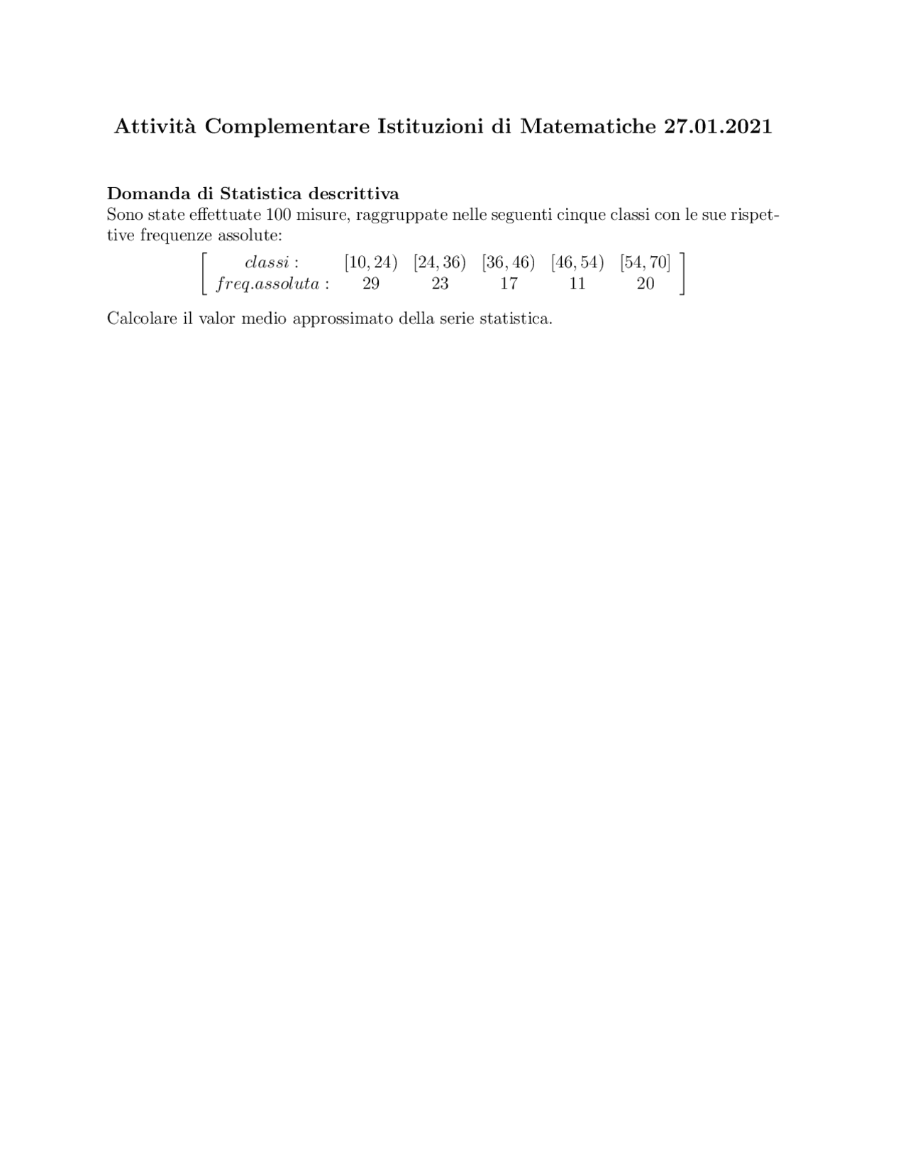 Esame Parte Di Statistica Di Gennaio 2021 Prove Desame Di