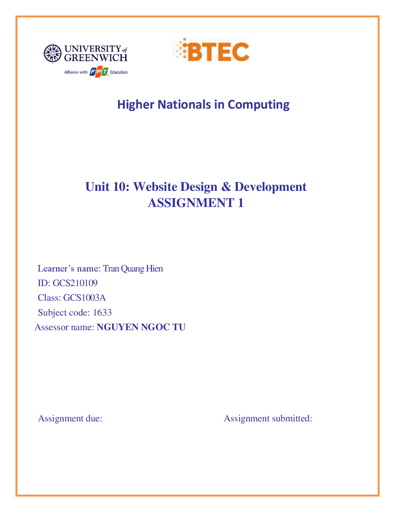 1633_GCS210109_TranQuangHien_Assignment1 | Assignments Computer Science | Docsity