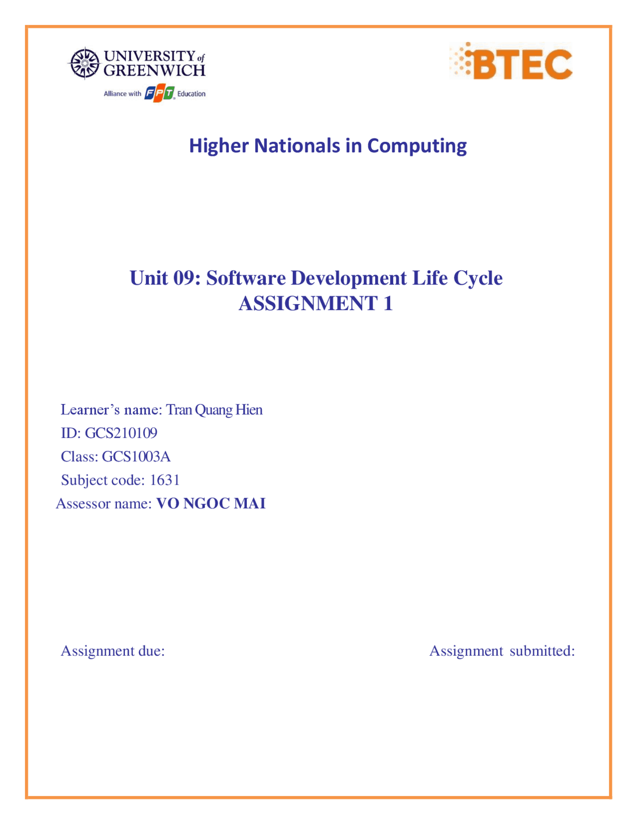 1631gcs210109tranquanghienassignment1 Assignments Computer Science Docsity