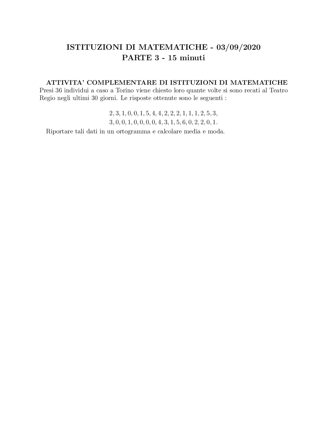Esame Parte Di Statistica Di Settembre 2020 Prove Desame Di