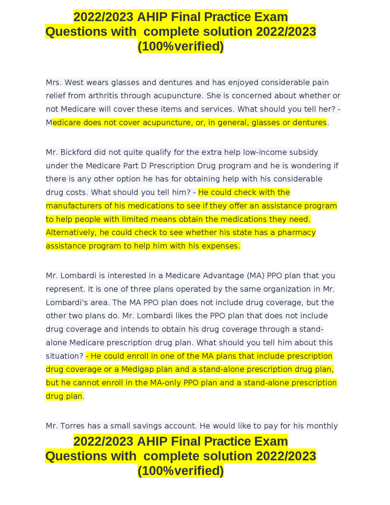 2022/2023 AHIP Final Practice Exam Questions with complete solution ...