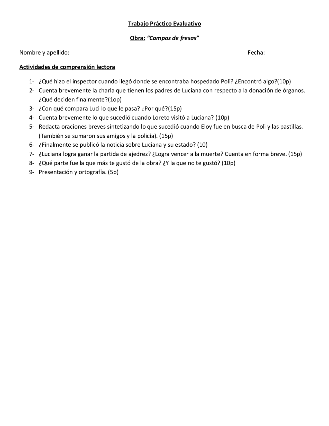 Campo de fresas evaluación | Exámenes de Lengua y Literatura | Docsity