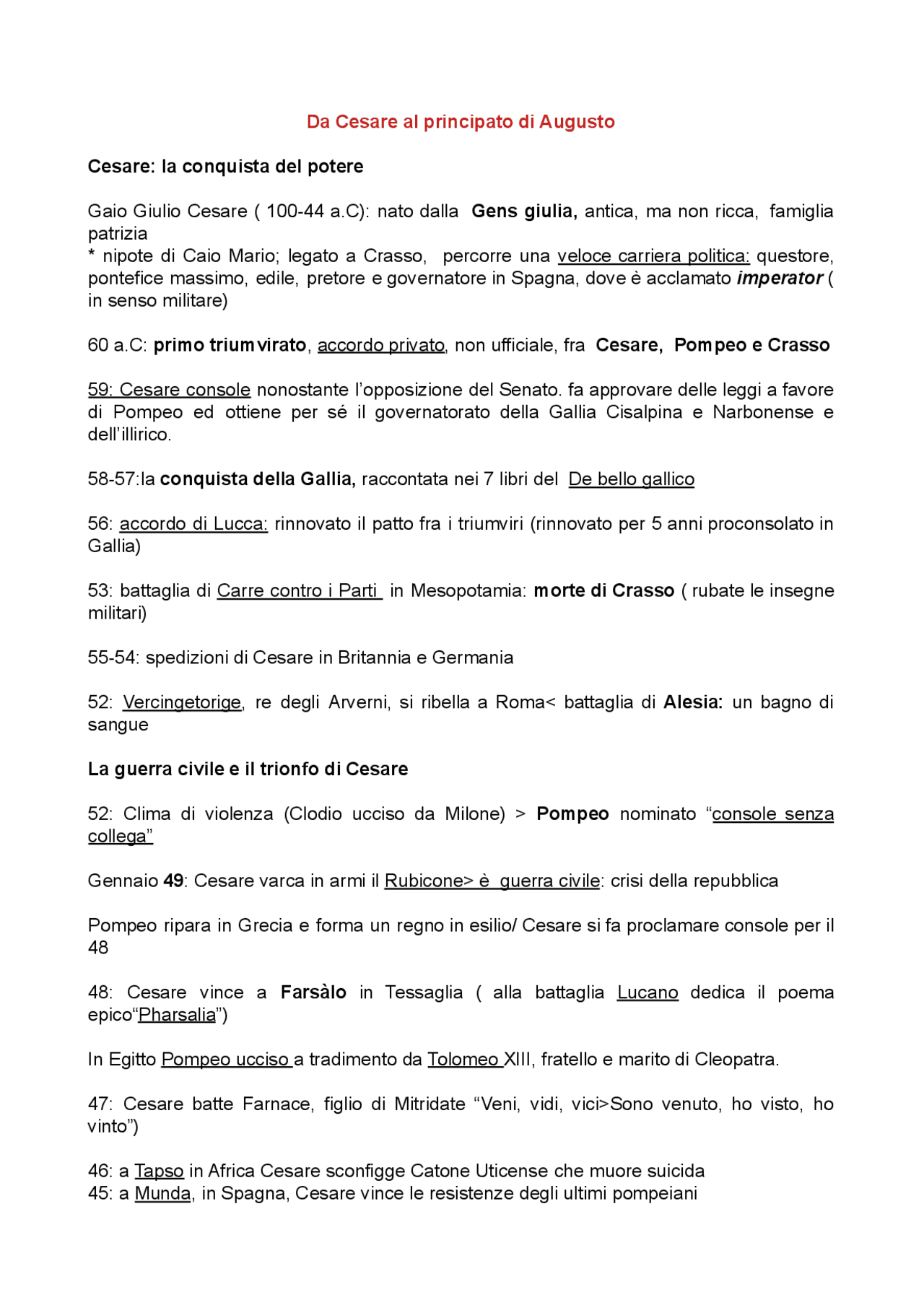 Da Cesare Al Principato Di Augusto Appunti Di Storia Docsity