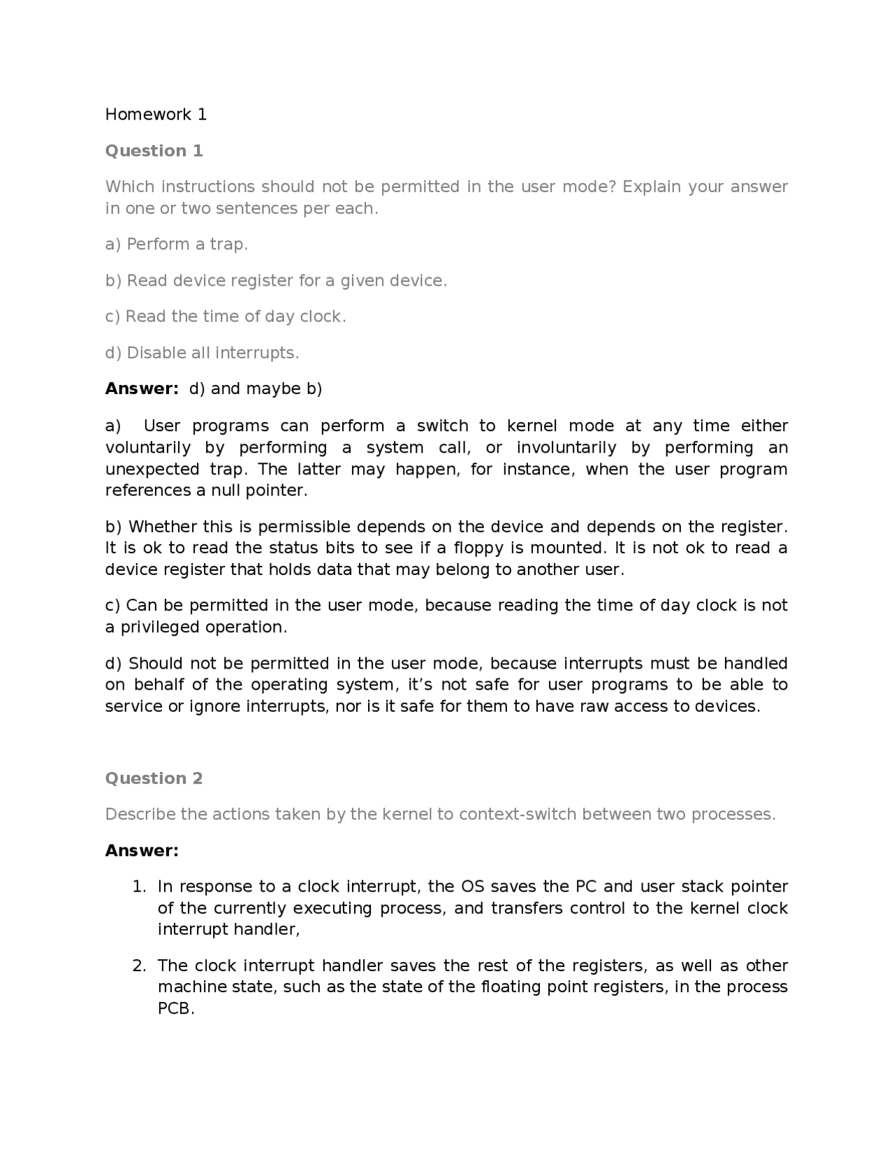 Operating System Concepts Homework 1 Assignments Operating Systems