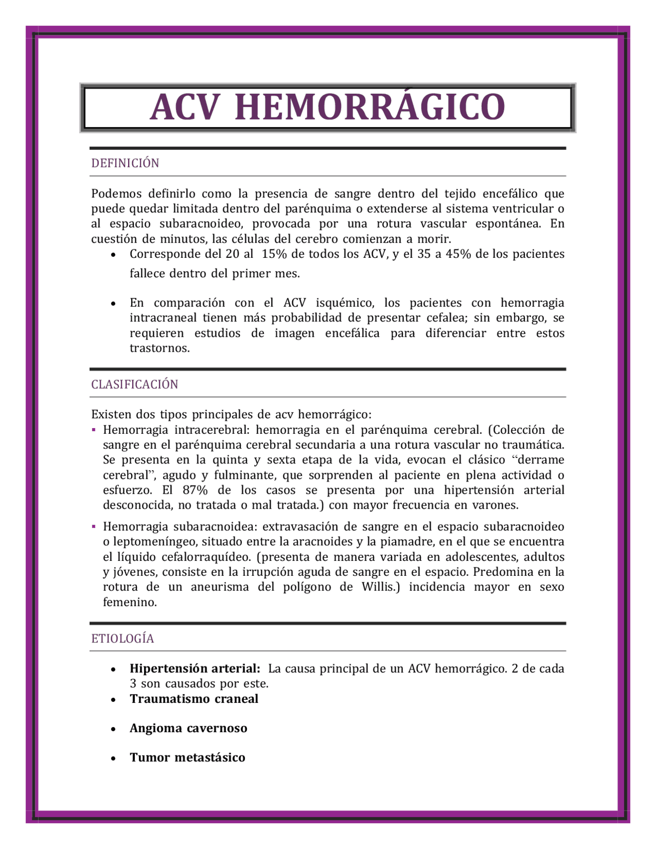 RESUMEN DE ACV HEMORRAGICO | Resúmenes de Medicina Interna | Docsity