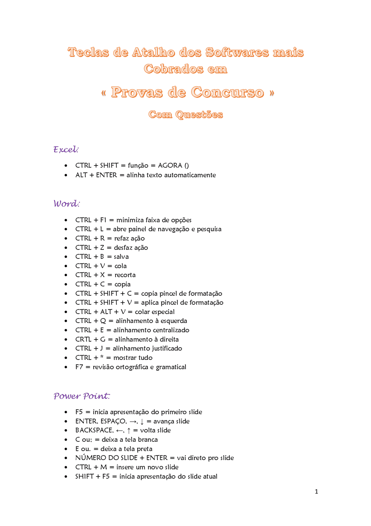 Atalhos De Softwares Mais Cobrados Com Concurso Notas De Aula