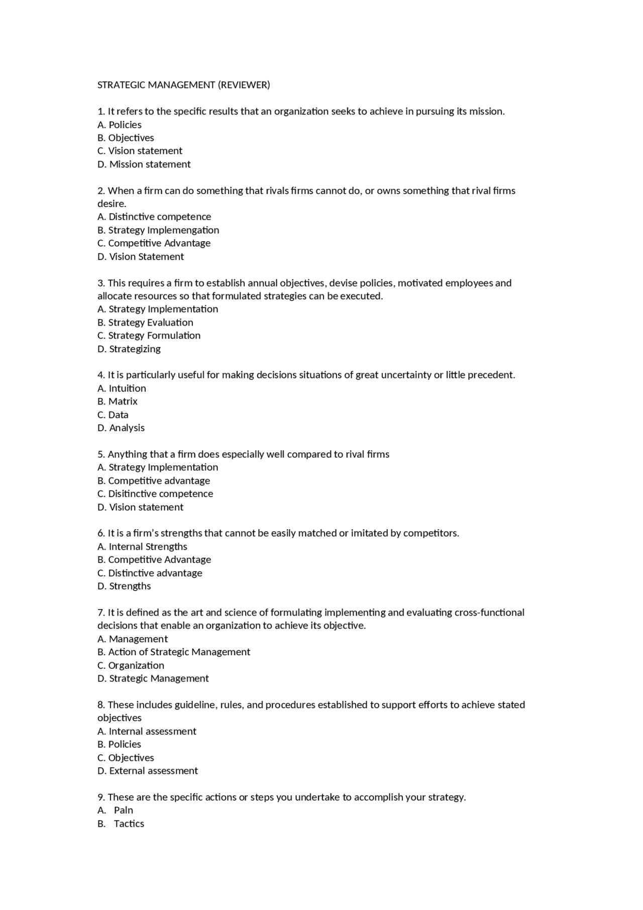 Strategic Management Reviewer Exercises Strategic Management Docsity