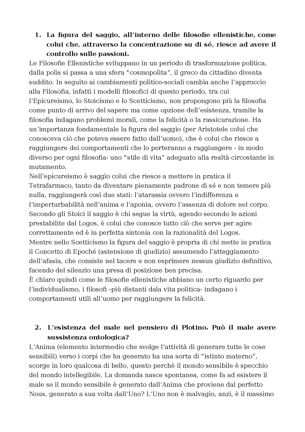 Le Filosofie Ellenistiche E Plotino Appunti Di Filosofia Docsity