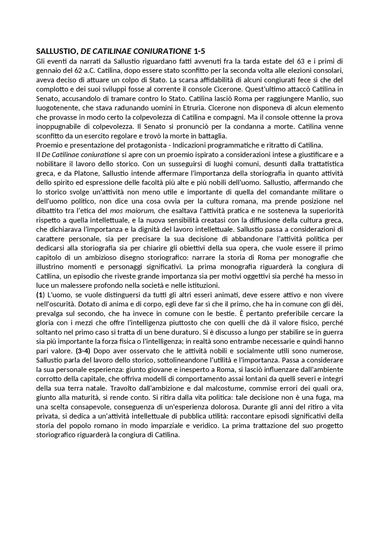 Sallustio De Catilinae Coniuratione Appunti Di Letteratura Latina