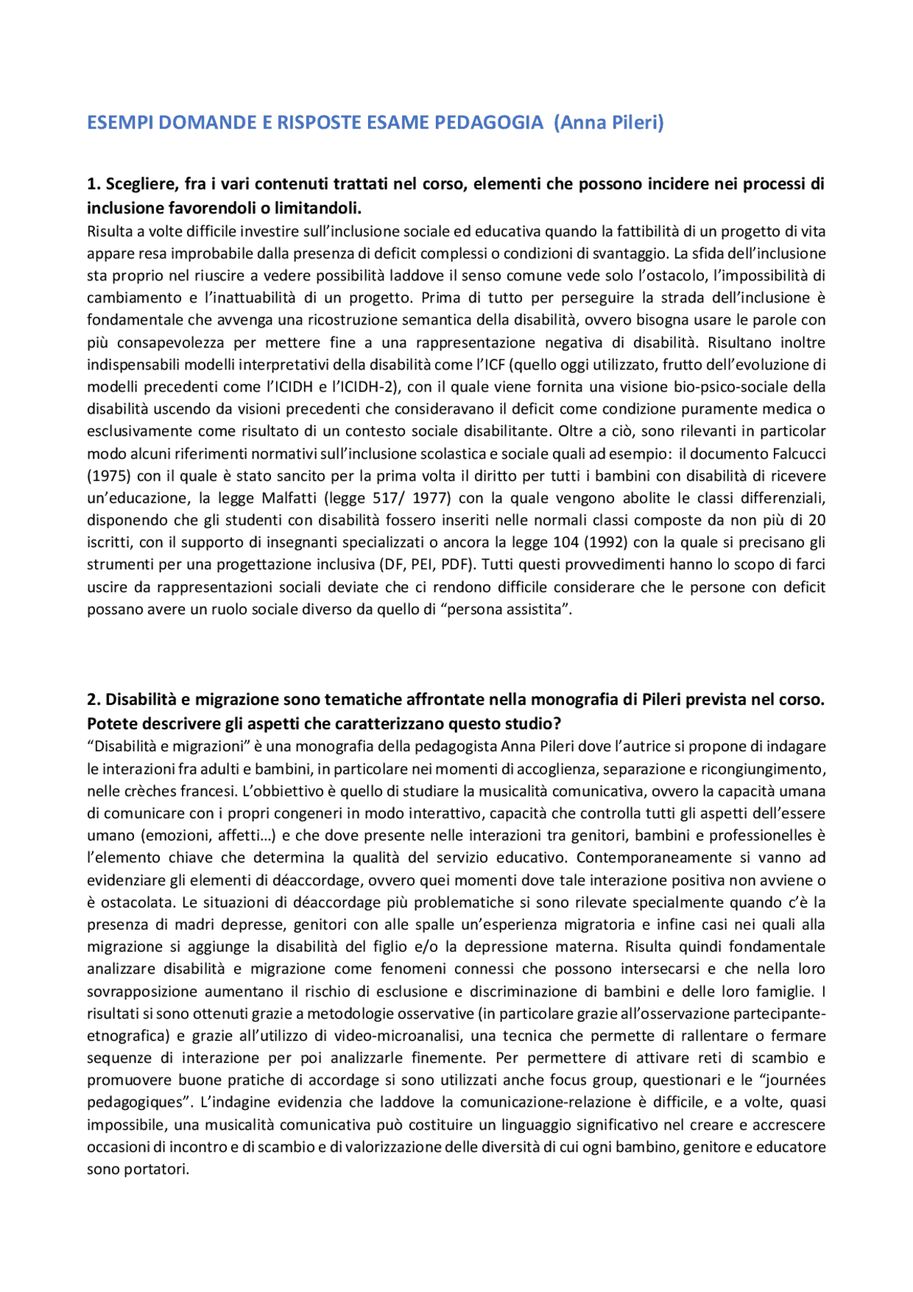 Domande e risposte Pedagogia Anna Pileri (voto 30) | Appunti di Pedagogia | Docsity