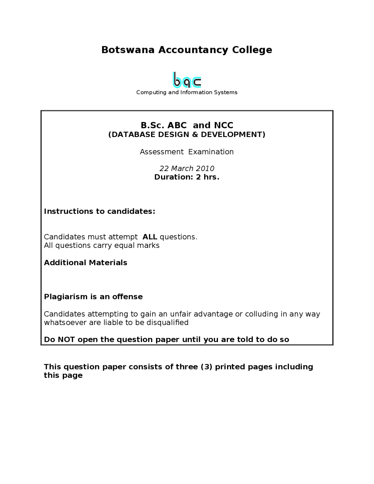 Database Design and Development Exam | Exercises English Language | Docsity