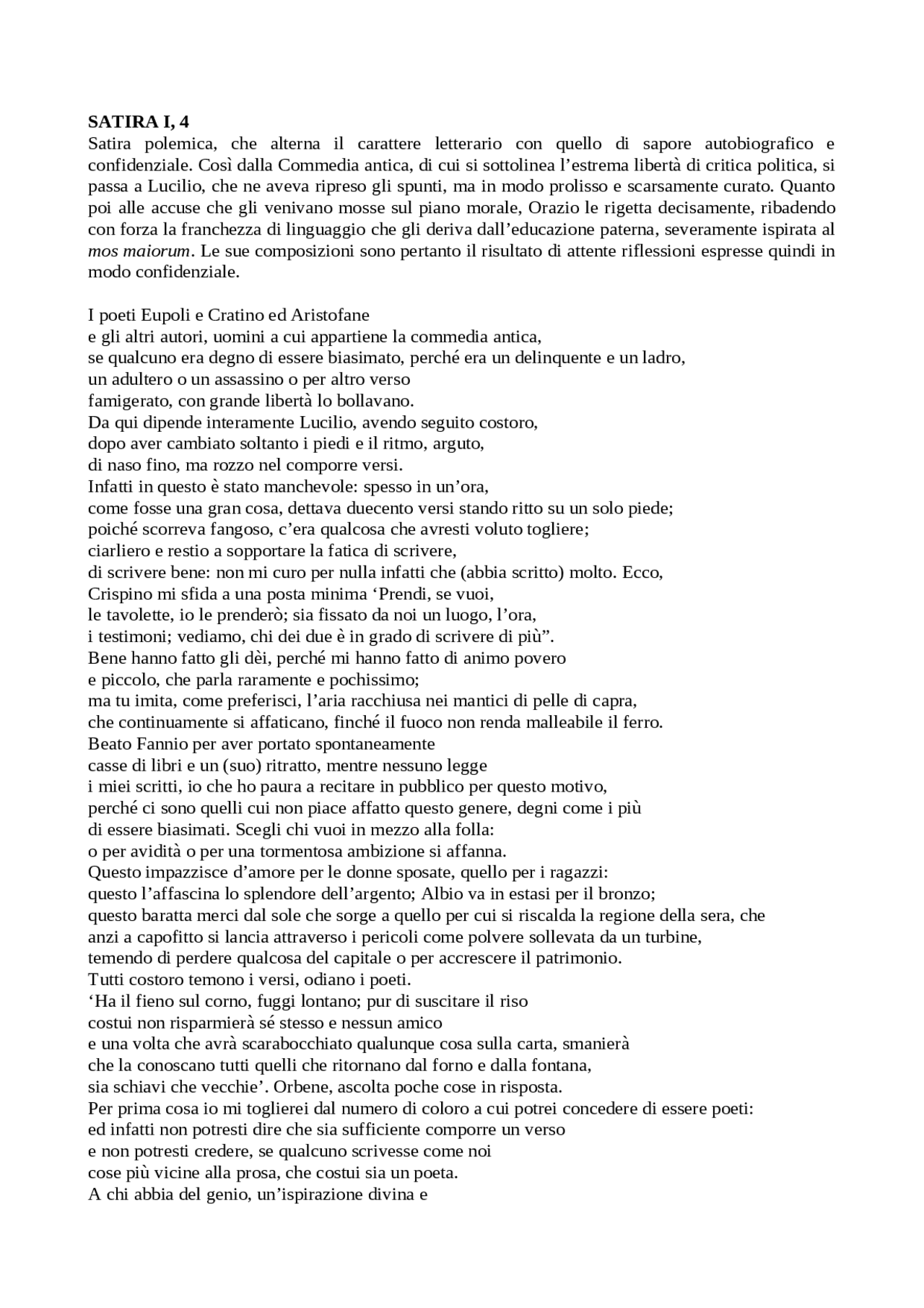 Orazio, Satira IV traduzione | Appunti di Letteratura latina | Docsity