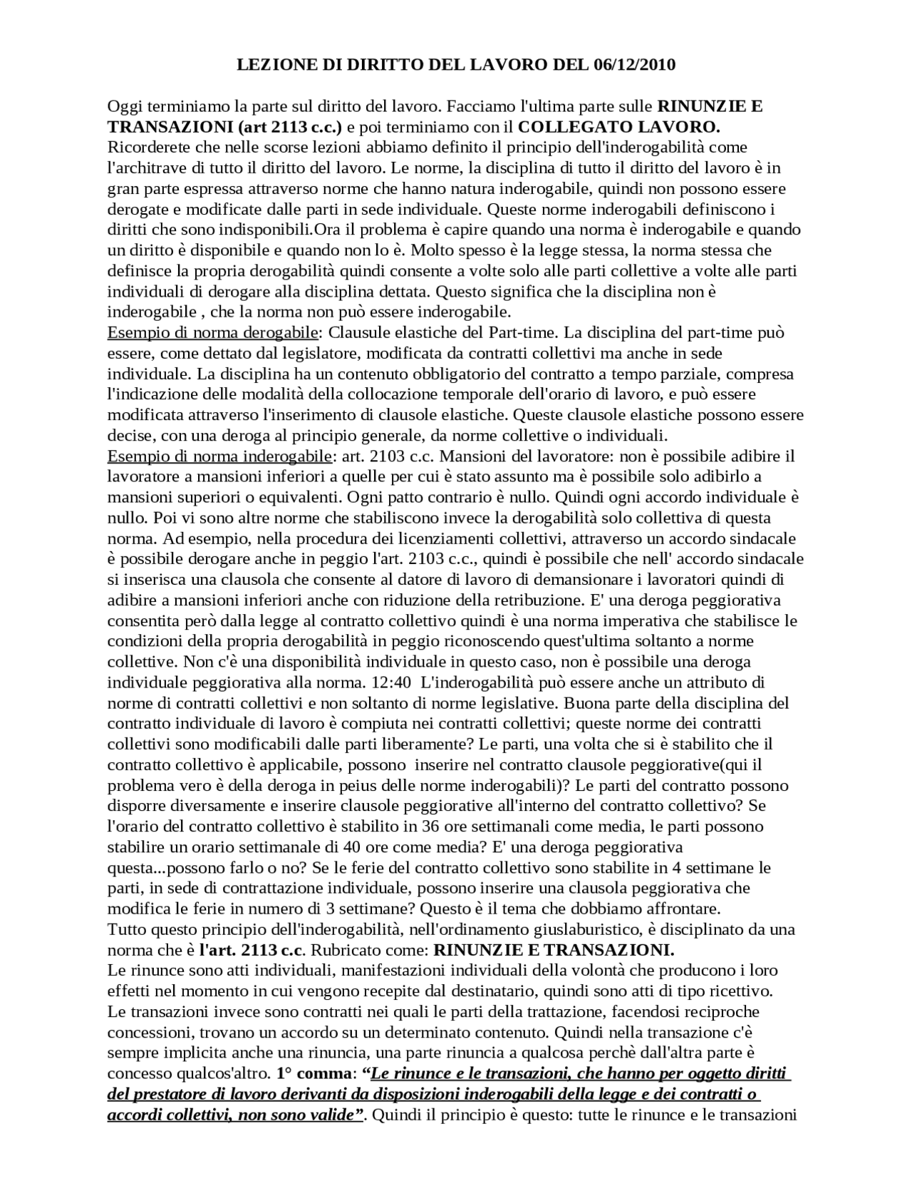 RINUNZIE E TRANSAZIONI (art 2113 c.c.) | Sbobinature di Diritto del ...