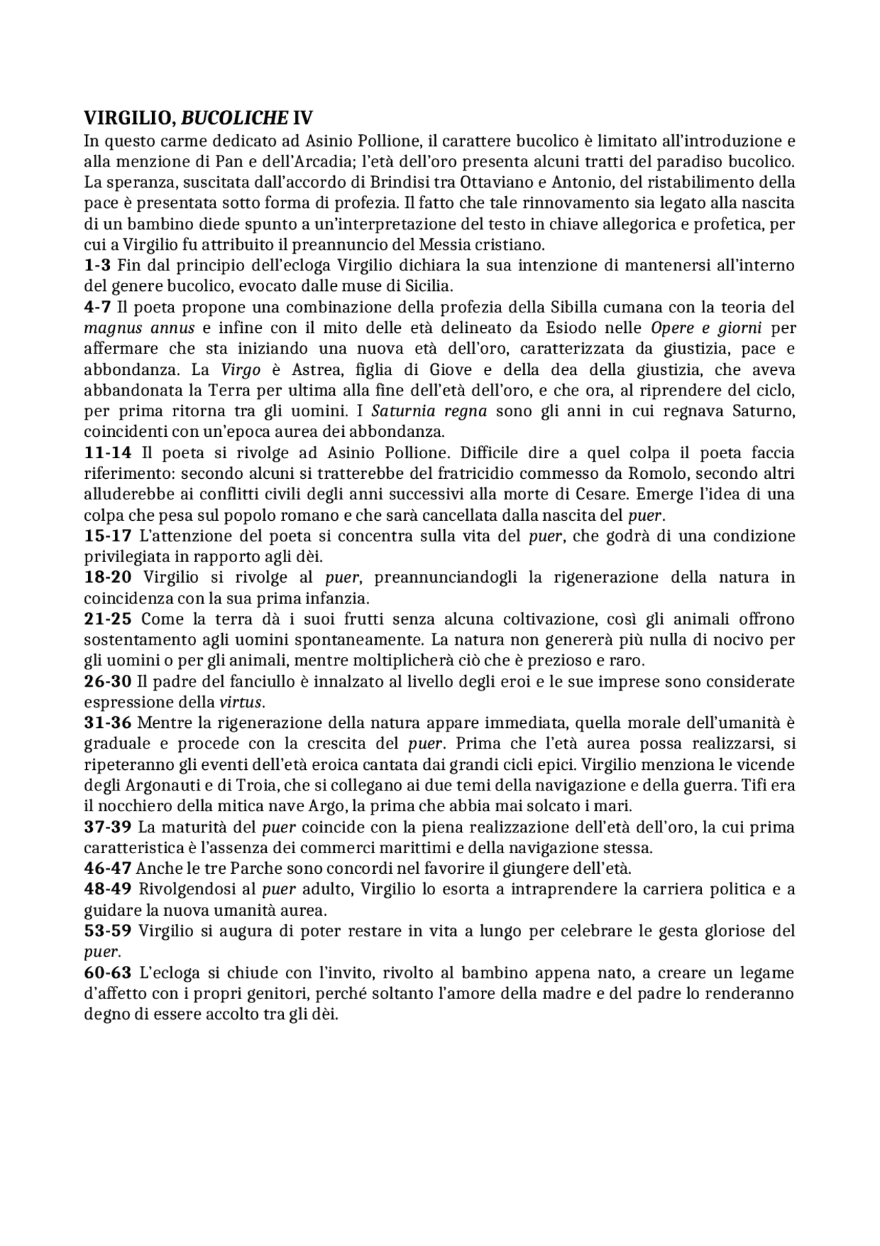 Virgilio Bucolica IV | Appunti di Letteratura latina | Docsity