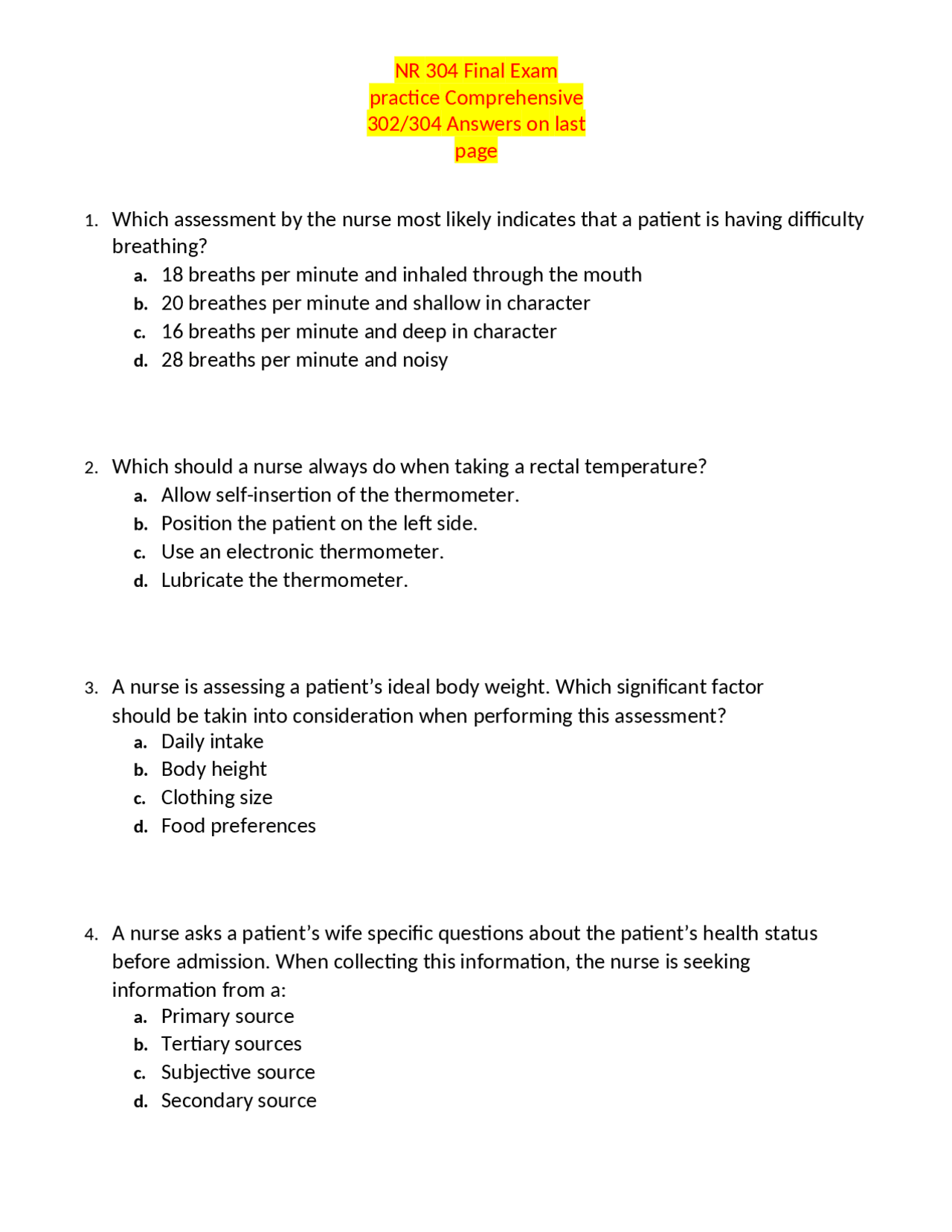 NR 304 Final Comprehensive Exam practice questions & answers latest ...