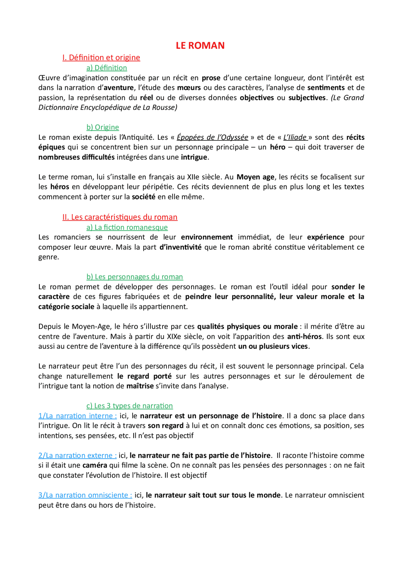 Le genre du roman Francais | Schémas Français | Docsity