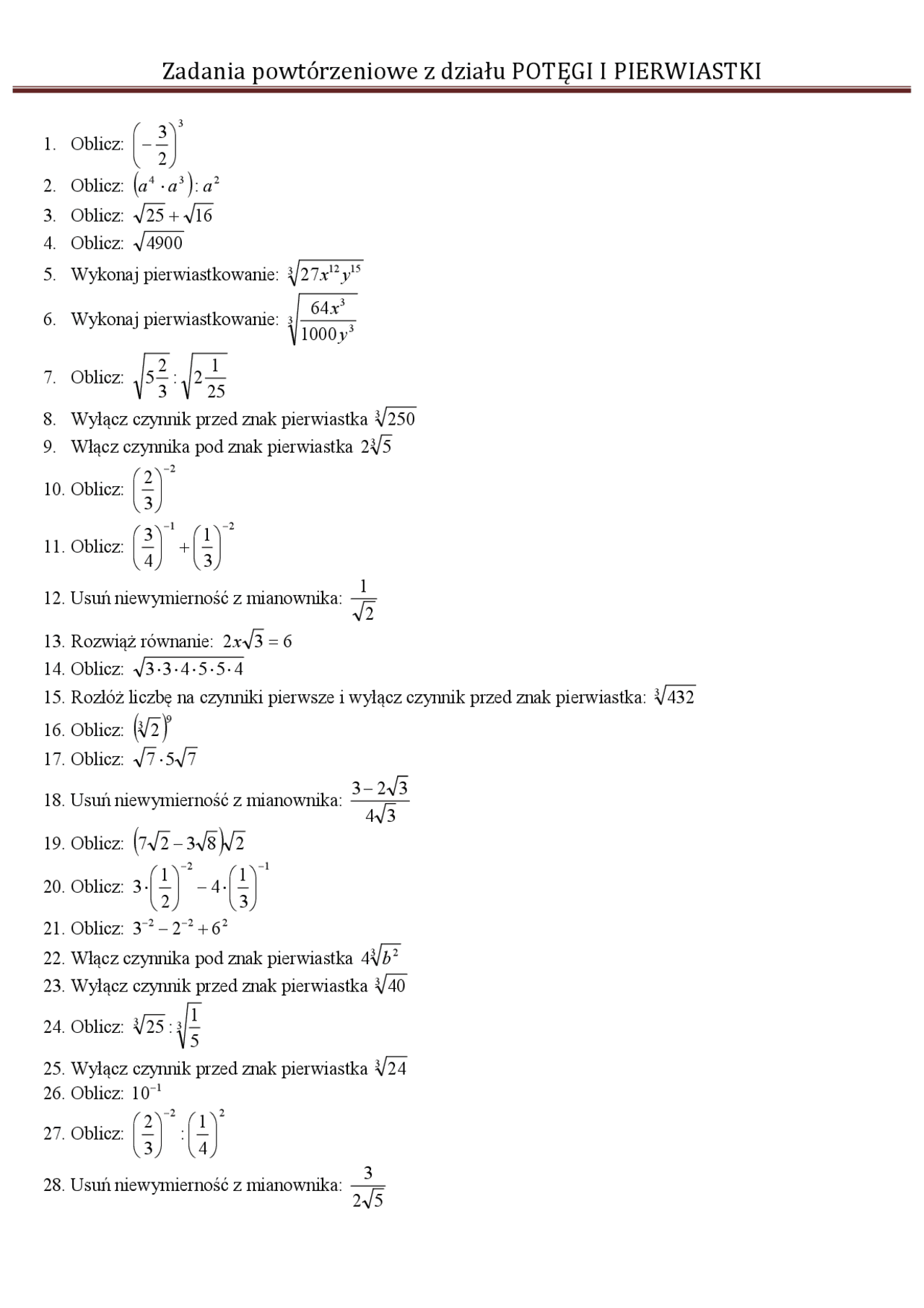 Pierwiastki ćwiczenia | Ćwiczenia Matematyka | Docsity