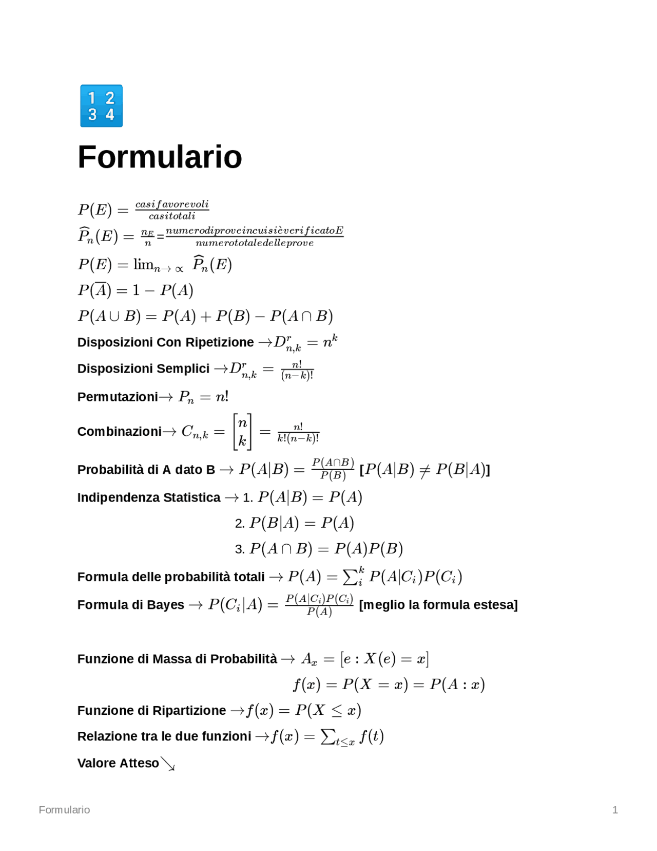 Formulario probabilità 2021/2022 | Esercizi di Statistica | Docsity
