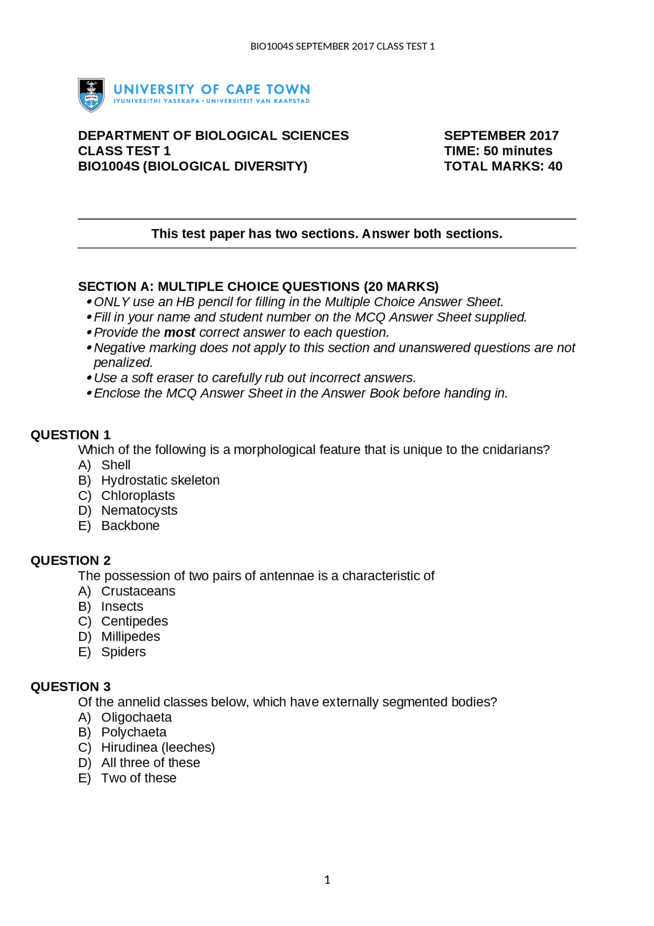 BIO1004S Class Test 1 2017 | Exams Biology | Docsity
