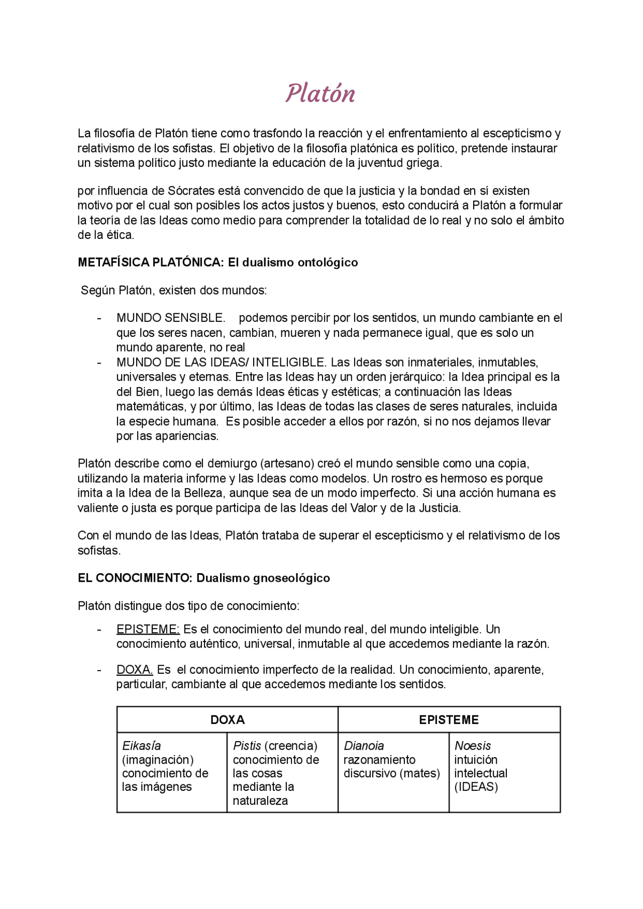 Platón y sus cossas jejejejeje | Esquemas y mapas conceptuales de Historia de la Filosofía | Docsity