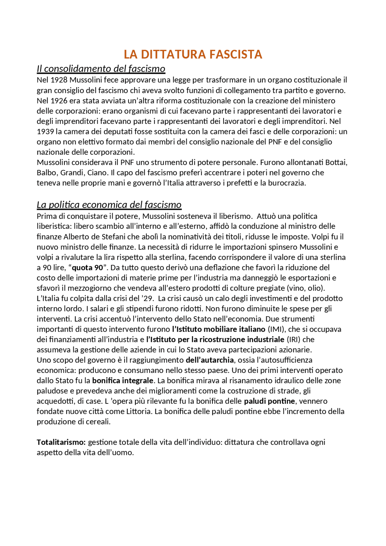 La Dittatura Fascista Schemi E Mappe Concettuali Di Storia Docsity