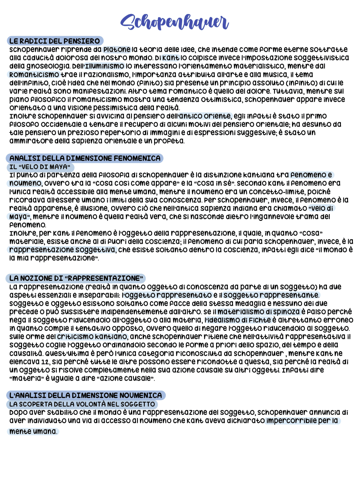 Riassunto dettagliato di Schopenhauer | Appunti di Filosofia | Docsity