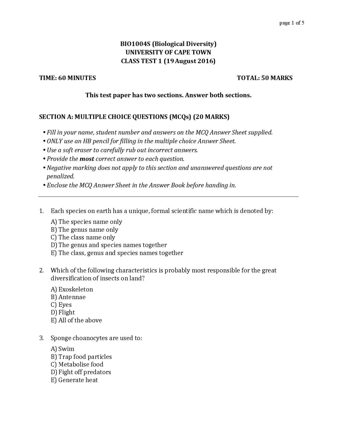 Class Test 1 - 2016 UCT | Exams Biology | Docsity