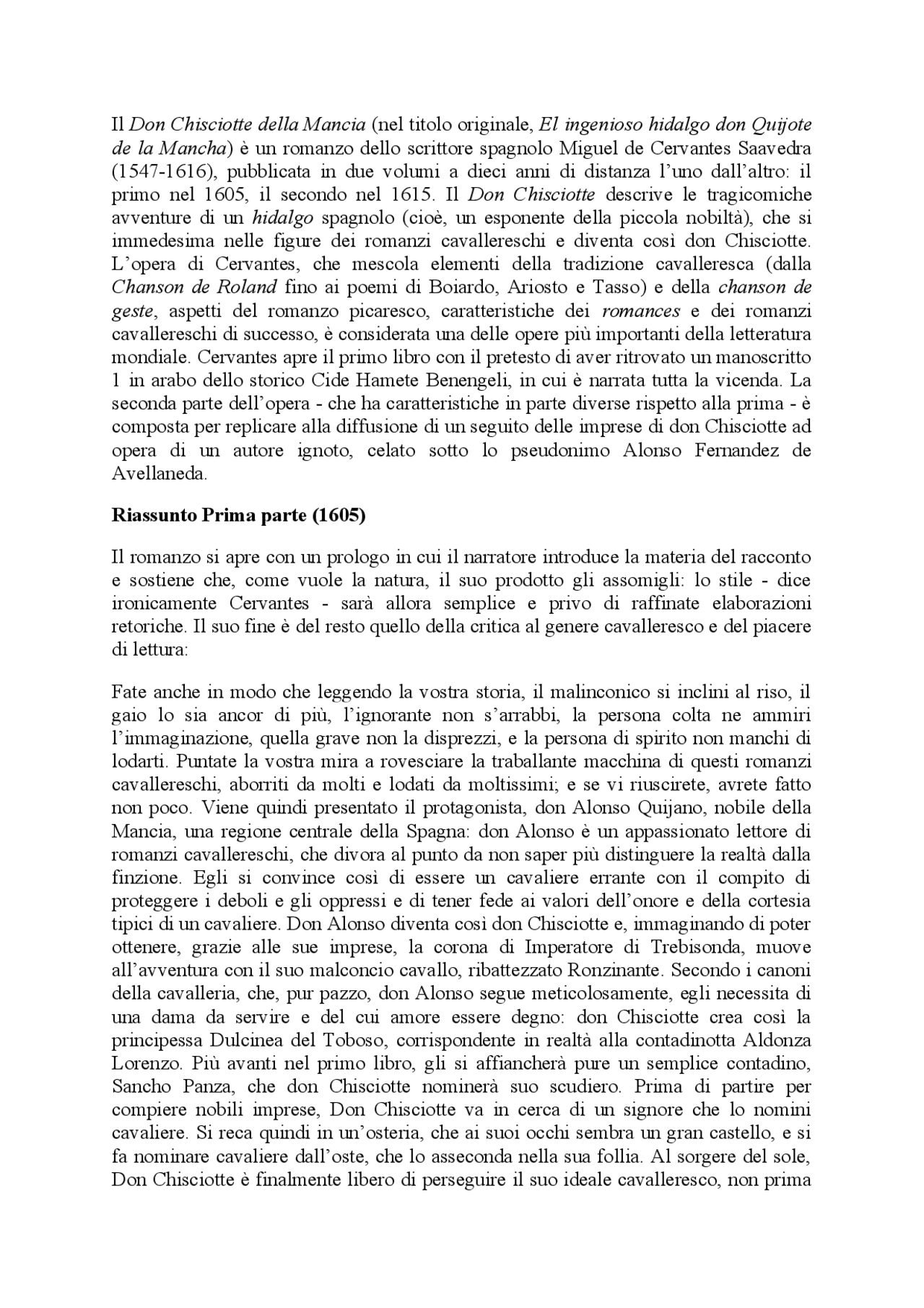 Don Quijote de la Mancha | Appunti di Letteratura Spagnola | Docsity