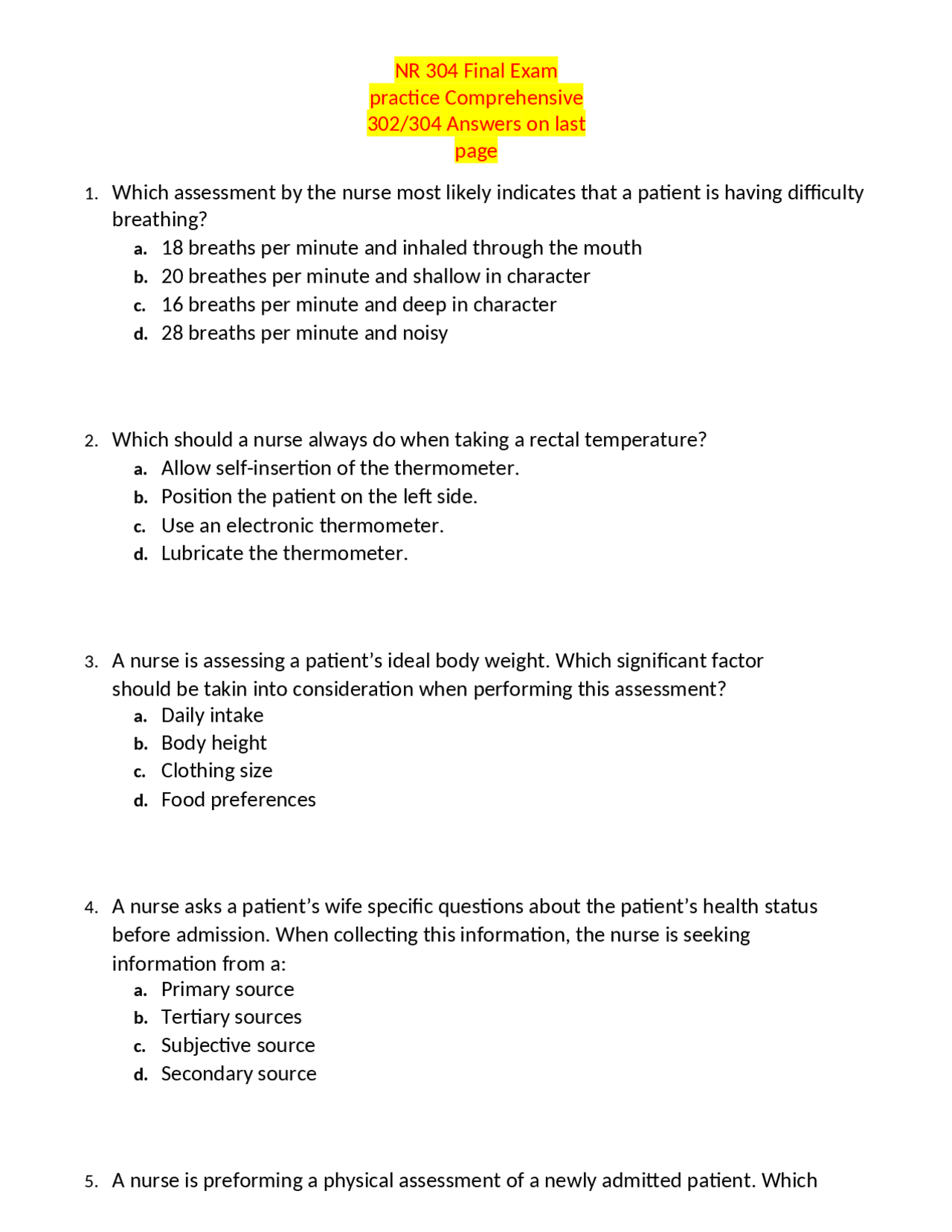 NR 304 Final Comprehensive Exam practice questions & answers latest ...