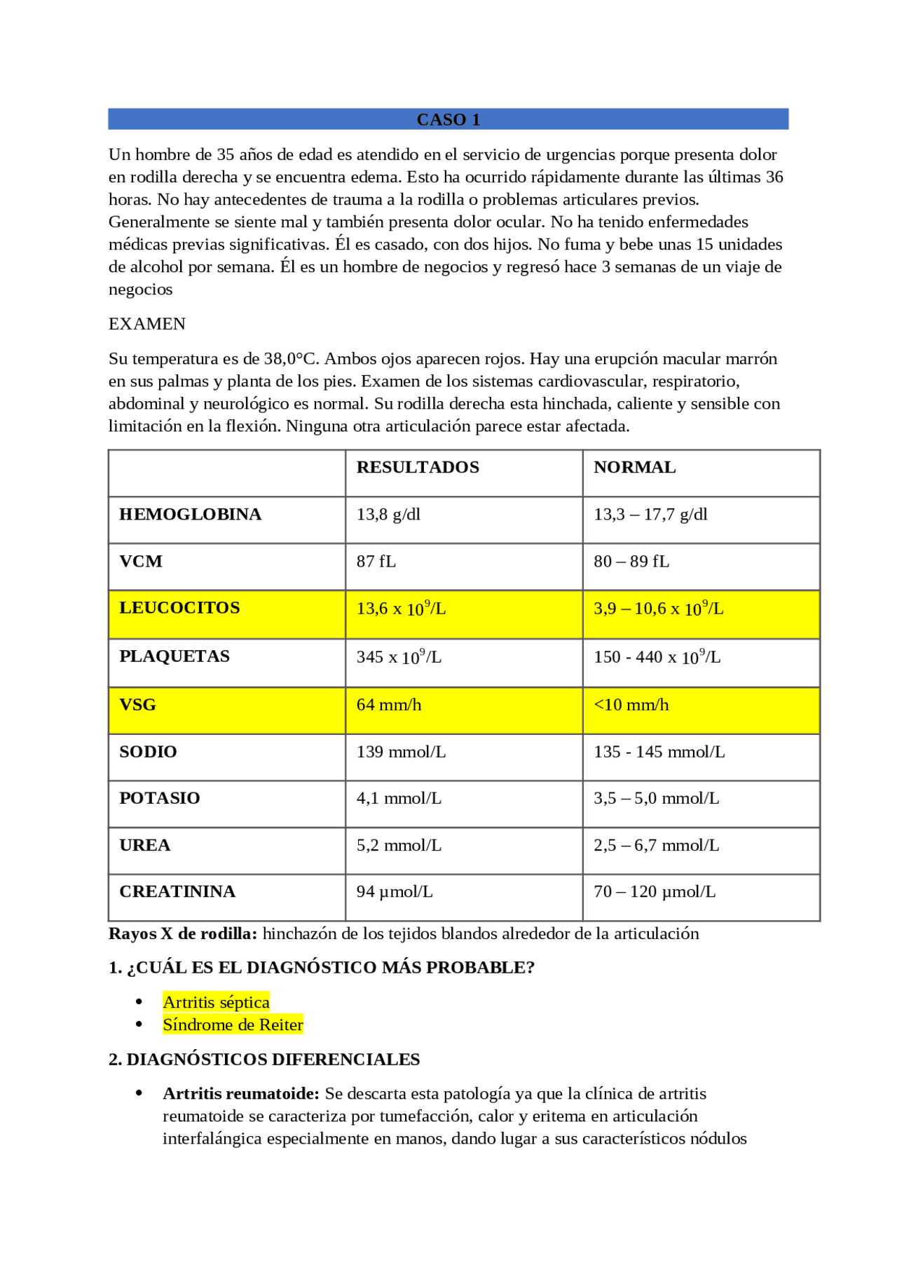 Casos Clinicos Resueltos Ejercicios De Medicina Interna Docsity
