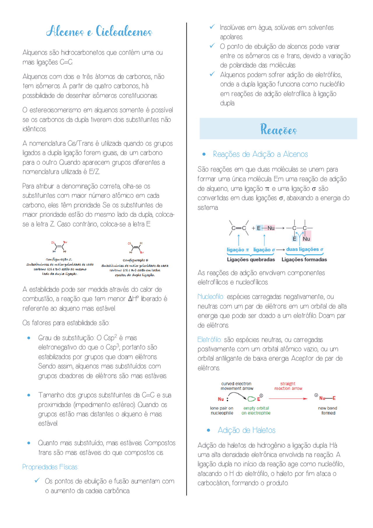 Resumo sobre alcenos e alcinos | Notas de estudo Química Orgânica | Docsity