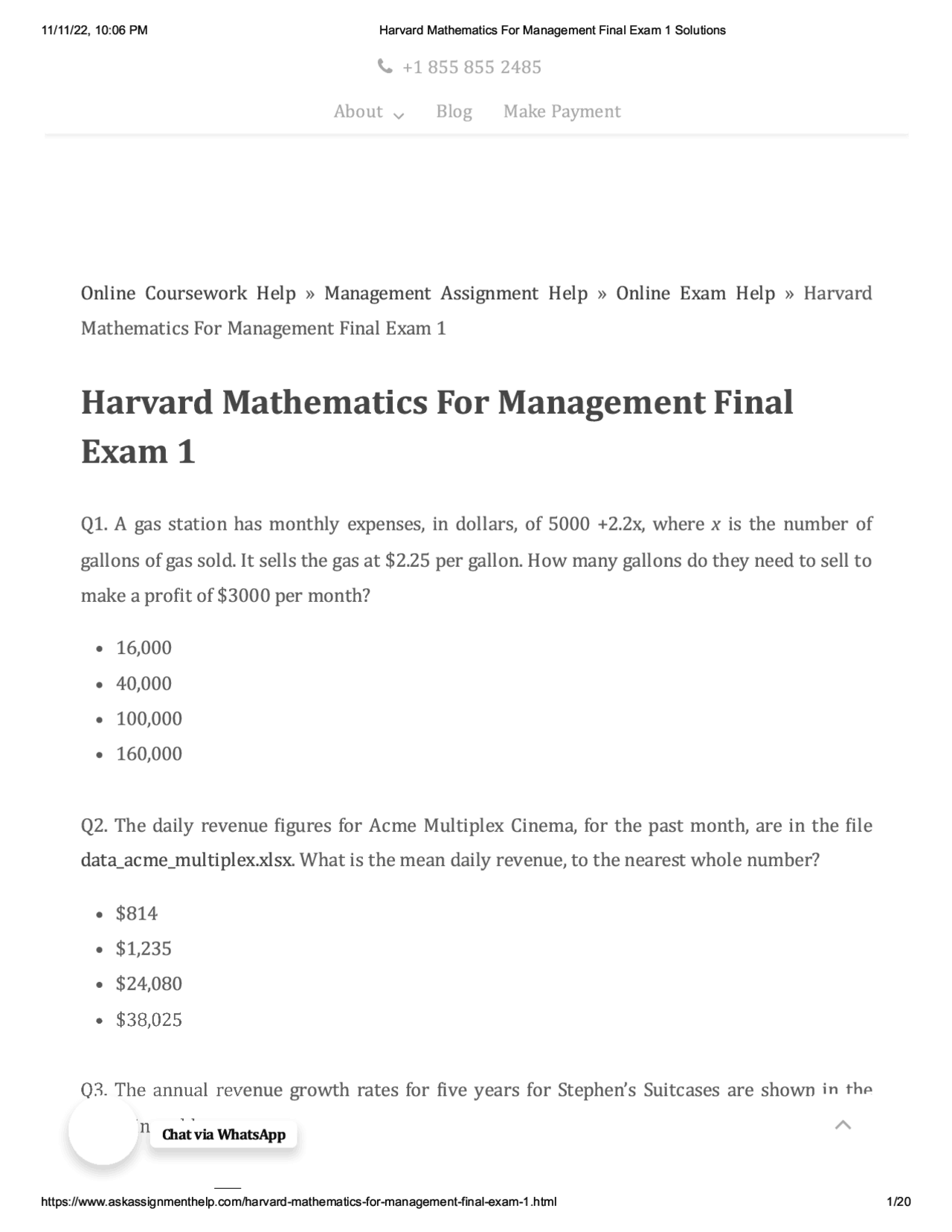 Harvard Mathematics For Management Final Exam 1 Solutions Assignments
