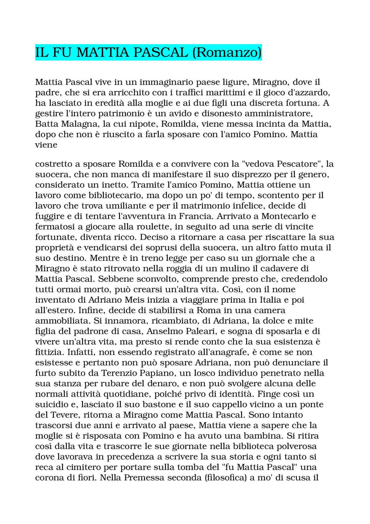 Il Fu Mattia Pascal Luigi Pirandello Appunti Di Italiano Docsity