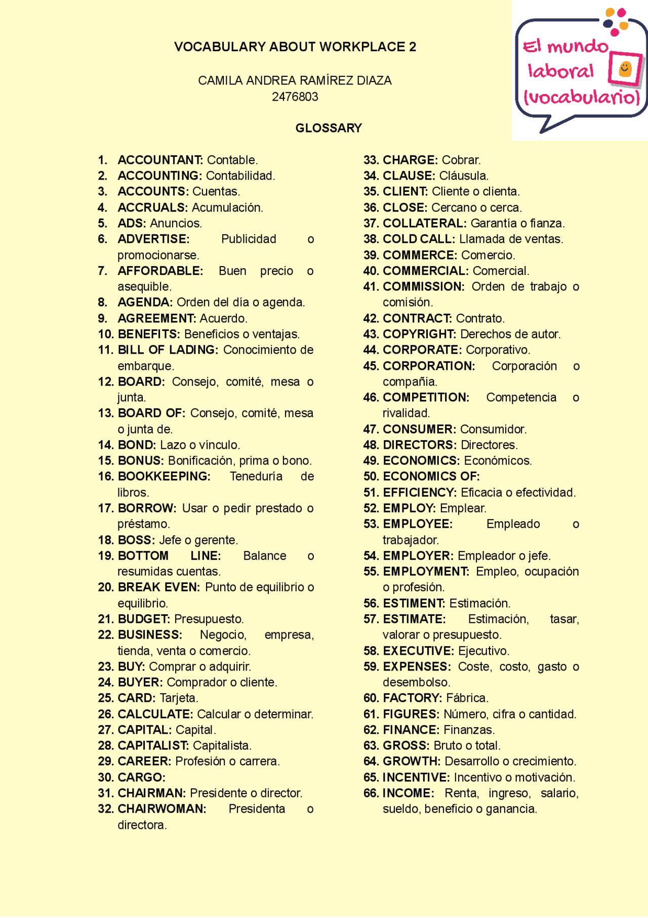 GLOSARIO SOBRE EL LUGAR DE TRABAJO | Study notes of English | Docsity