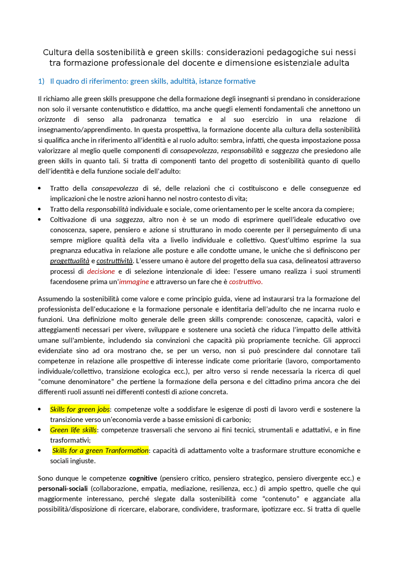 Riassunto Dellarticolo Sulle Green Skills Schemi E Mappe Concettuali