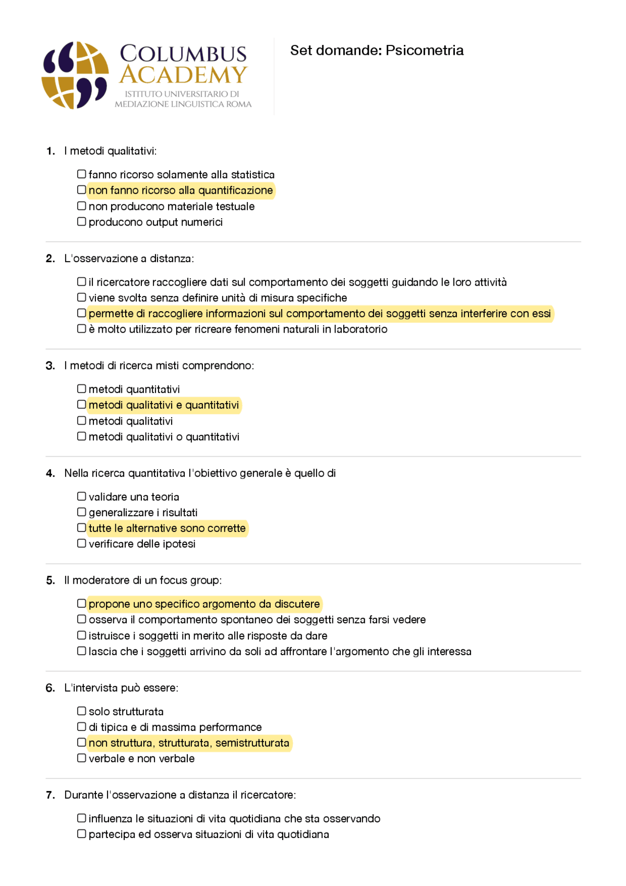 Set Domande Psicometria Columbus Academy Panieri Di Psicometria Docsity